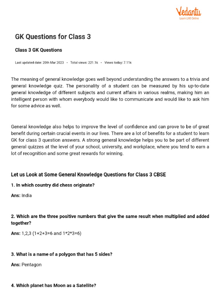 GK Questions For Class 3 | PDF