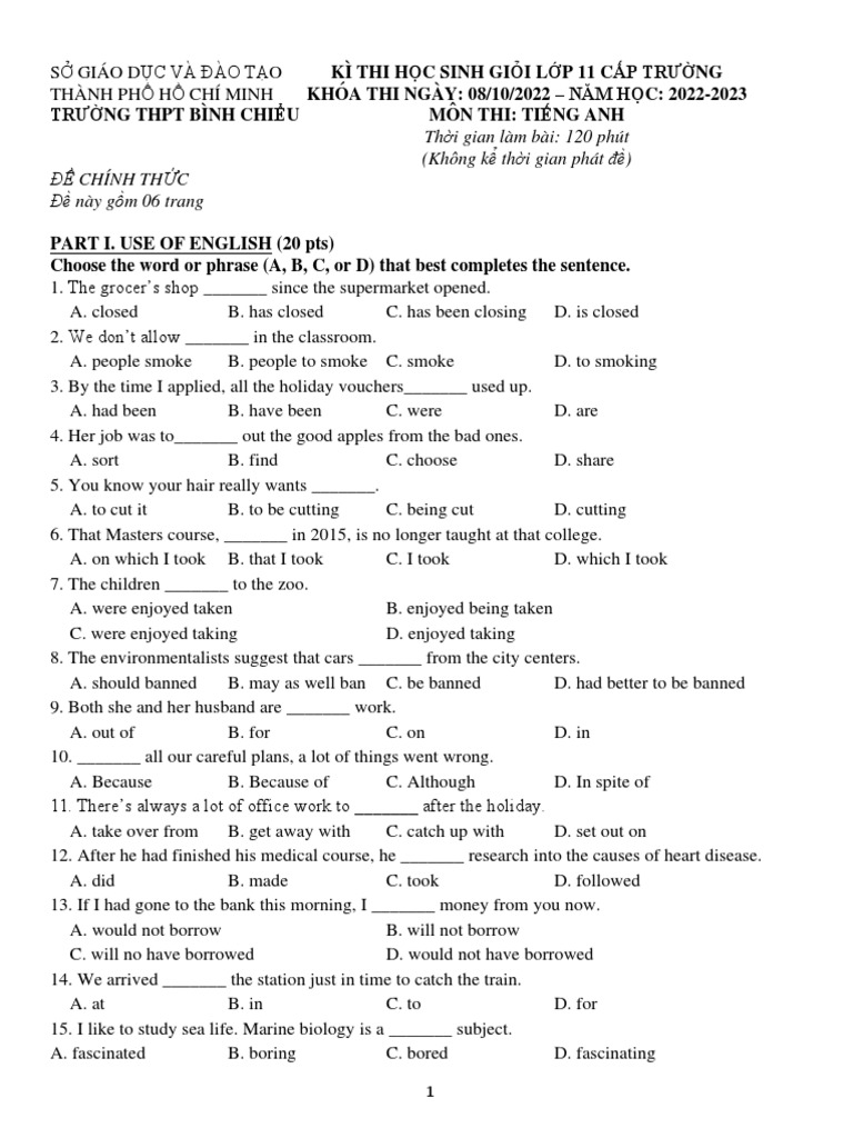 De Hoc Sinh Gioi Tieng Anh 11 Nam 2022 2023 Truong THPT Binh Chieu TP HCM | PDF | Laughter | Desert