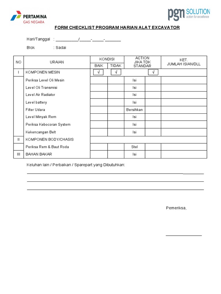 394429030-1-Form-Checklist-Program-Harian-Alat-Excavator | PDF