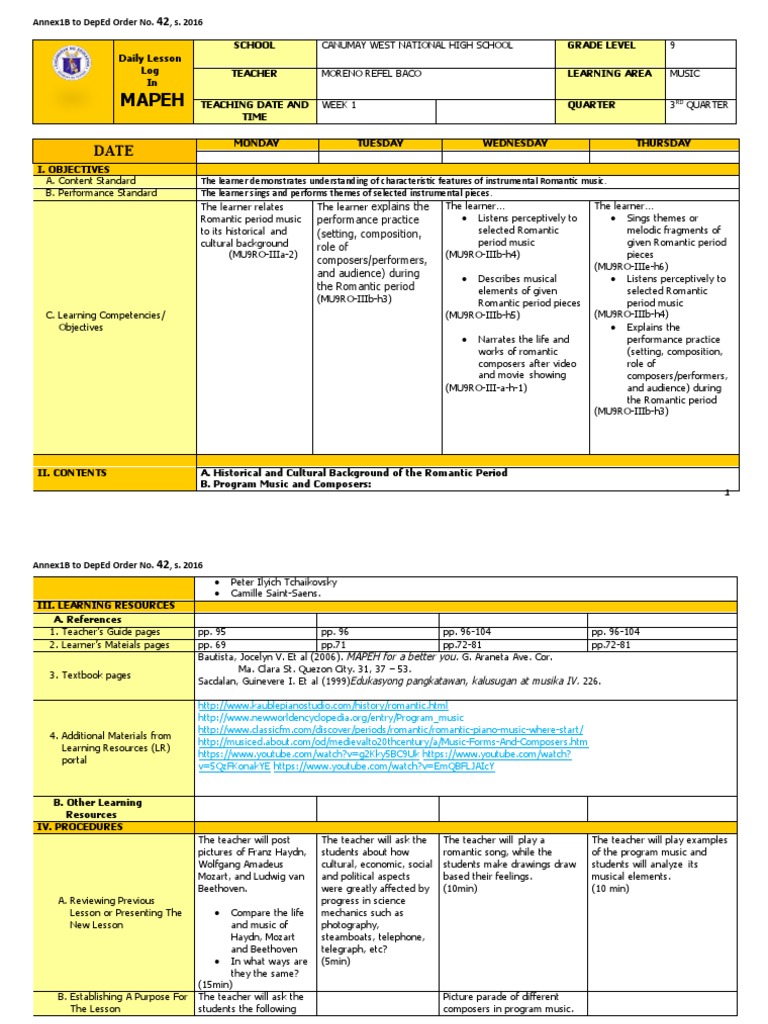 MAPEH+GRADE+9+DLL Updated Converted by Abcdpdf | PDF | Romantic Music ...