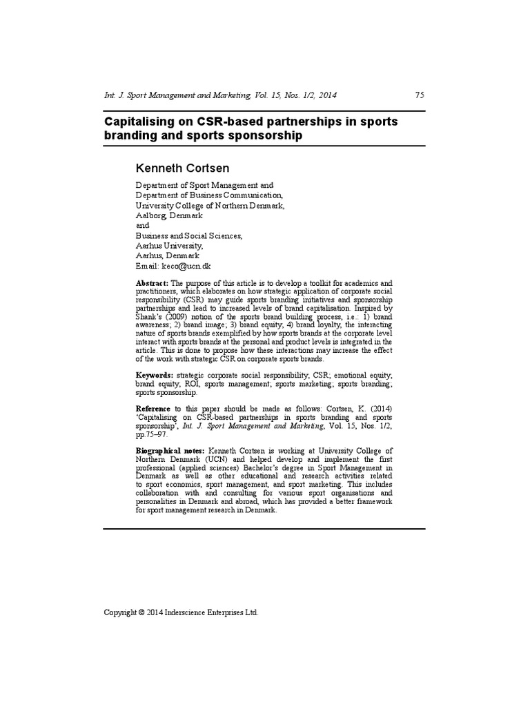 Capitalising On Csr Based Partnerships In Sports Branding And Sports Sponsorship Download Free 
