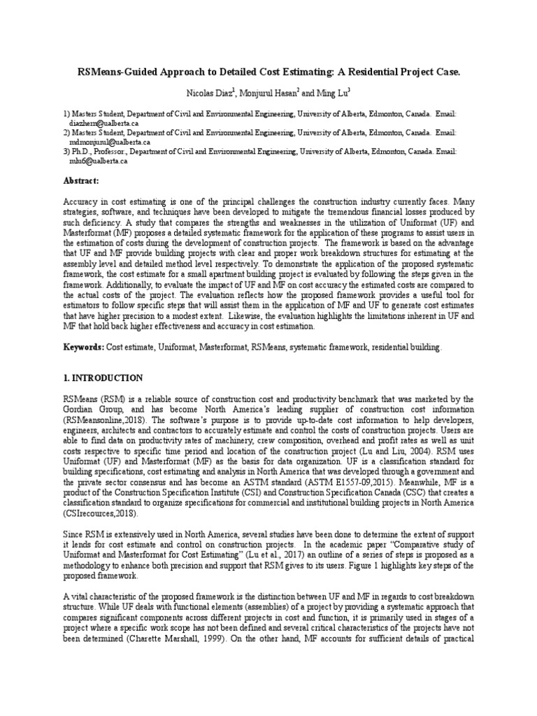 (Diaz, Hasan, Lu) RSMeans-Guided Approach To Detailed Cost Estimating ...