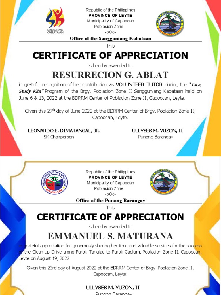 Certificates of Appreciation Overview | PDF | Government | Philippines