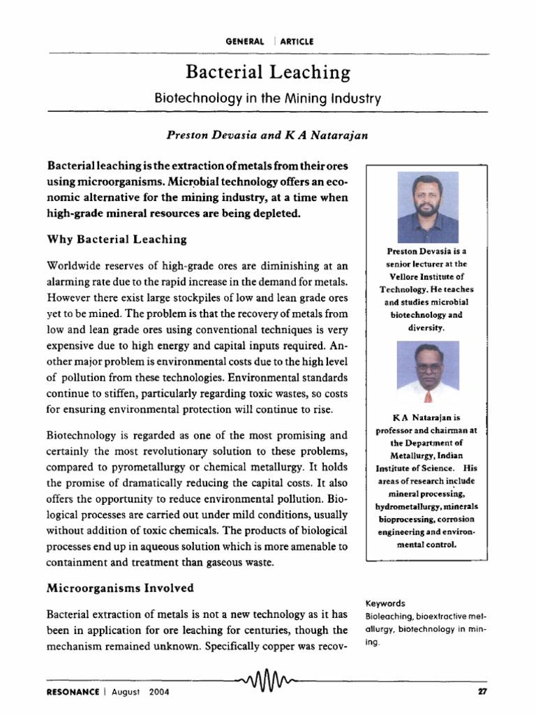 Bacterial Leaching: Biotechnology in The Mining Industry | PDF ...