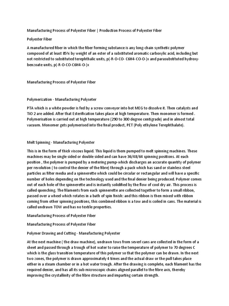 Manufacturing Process of Polyester Fiber | PDF | Polyester | Fibers