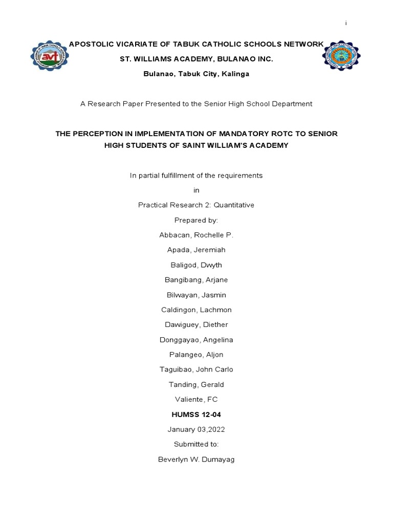 The Perception in Implementation of Mandatory Rotc To Senior High Students of Saint William's ...