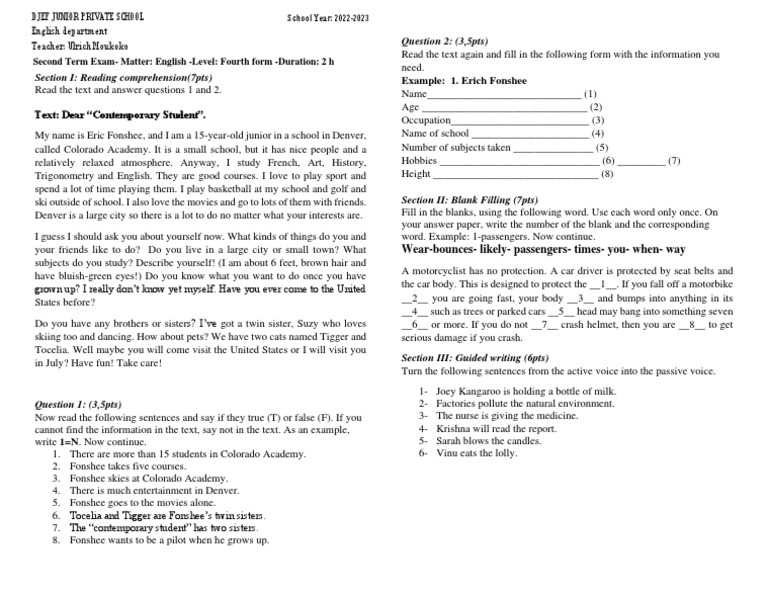 2nd Term Exam 3ème | PDF