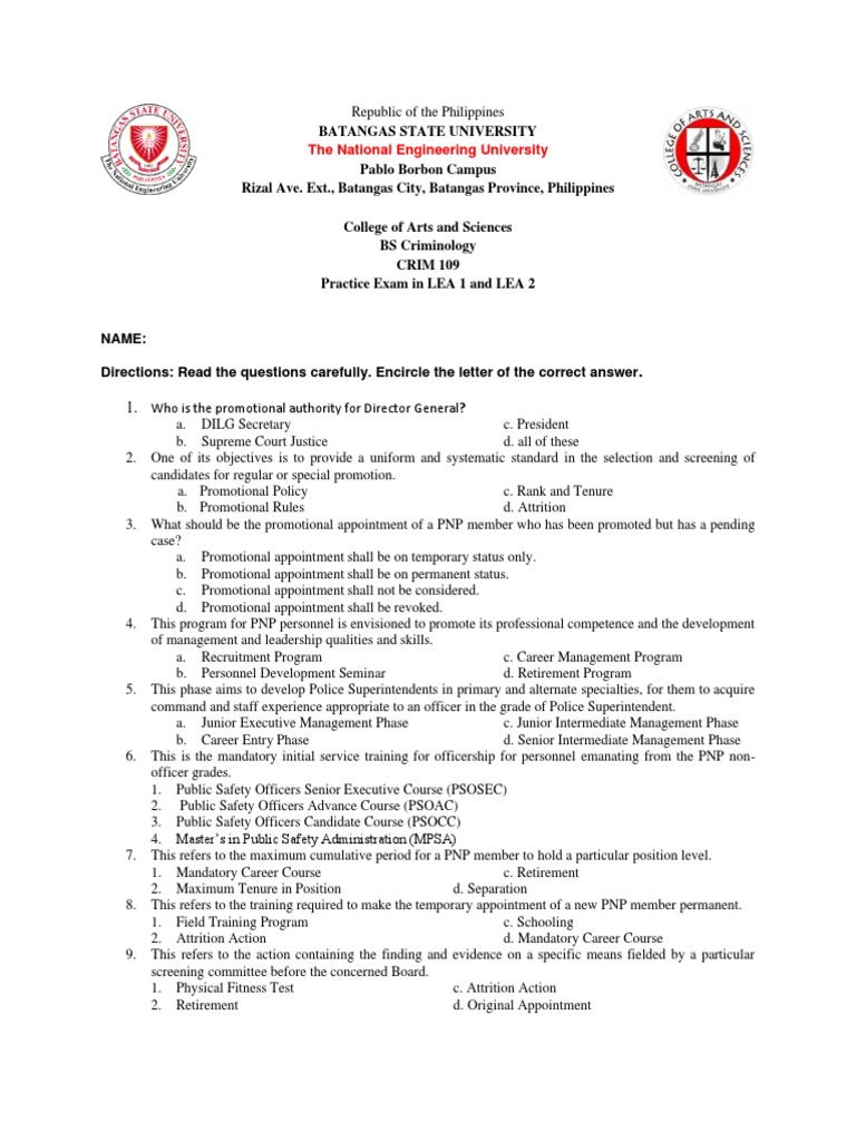 Practice Exam in Law Enforcement Administration 1 and 2 for BS ...