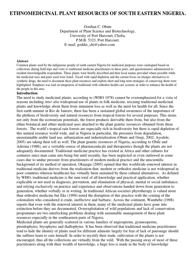 Ethnomedicinal Plant Resources of South Eastern Nigeria | PDF | Medicine | Trees