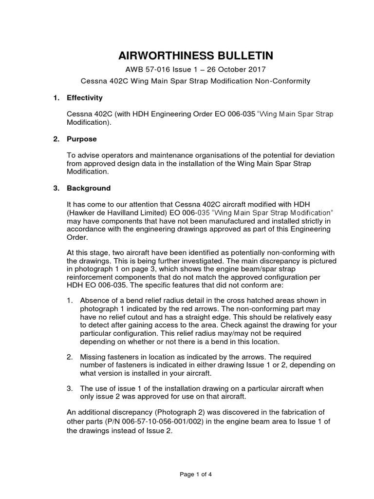 Airworthiness Bulletin 57 016 Cessna 402 Spar Strap Discrepancy | PDF ...