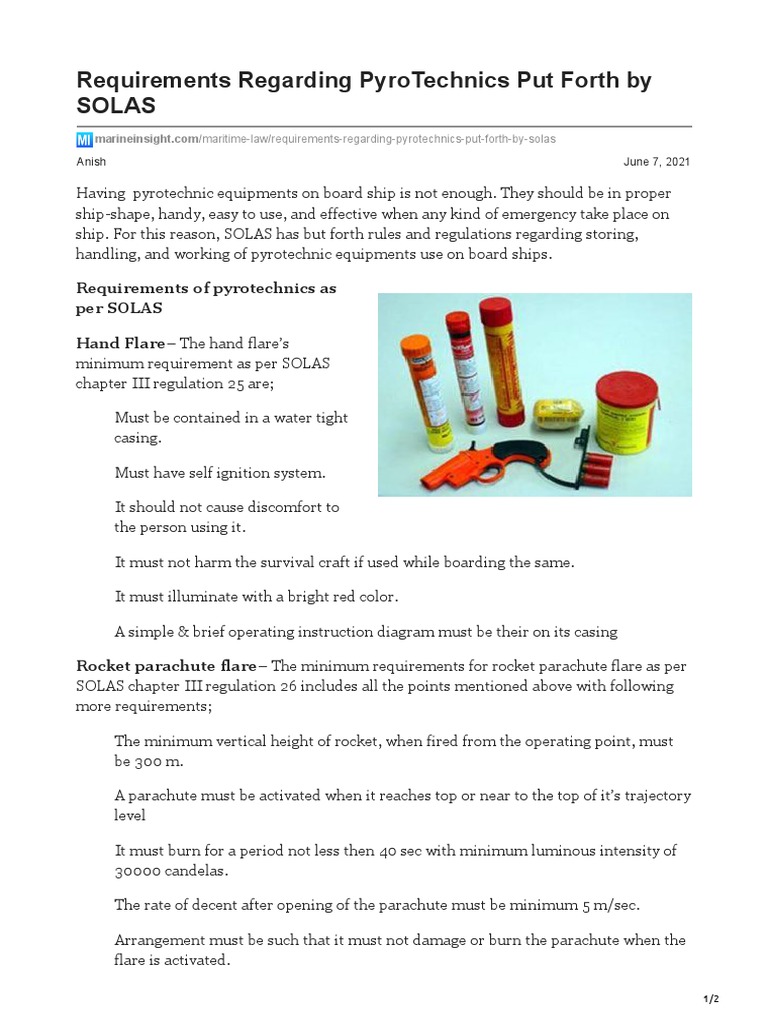 SOLAS Pyrotechnics Requirements Overview | PDF | Hazards