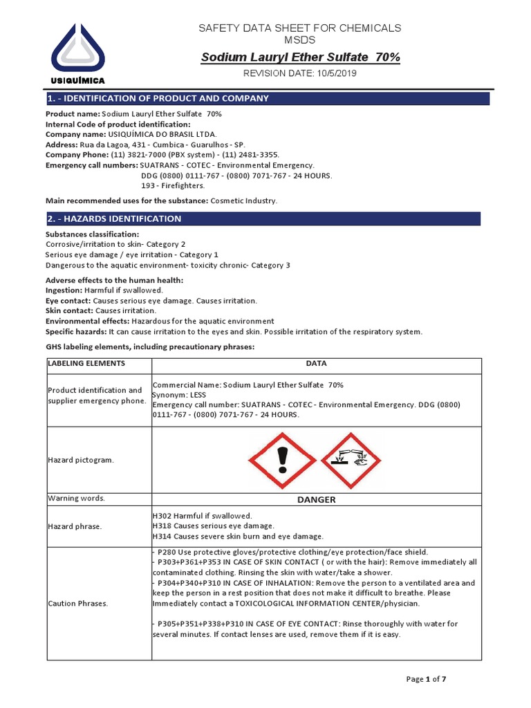 FISPQ - Lauril Eter Sulfato S Dio 70 Rev 01 2019 GHS en | PDF | Personal Protective Equipment ...