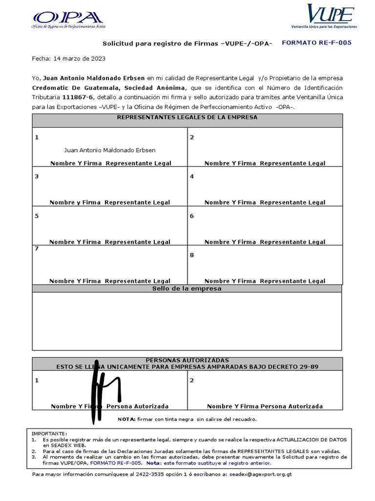 Solicitud para Registro de Firmas - VUPE-/-OPA-: Formato Re-F-005 | PDF