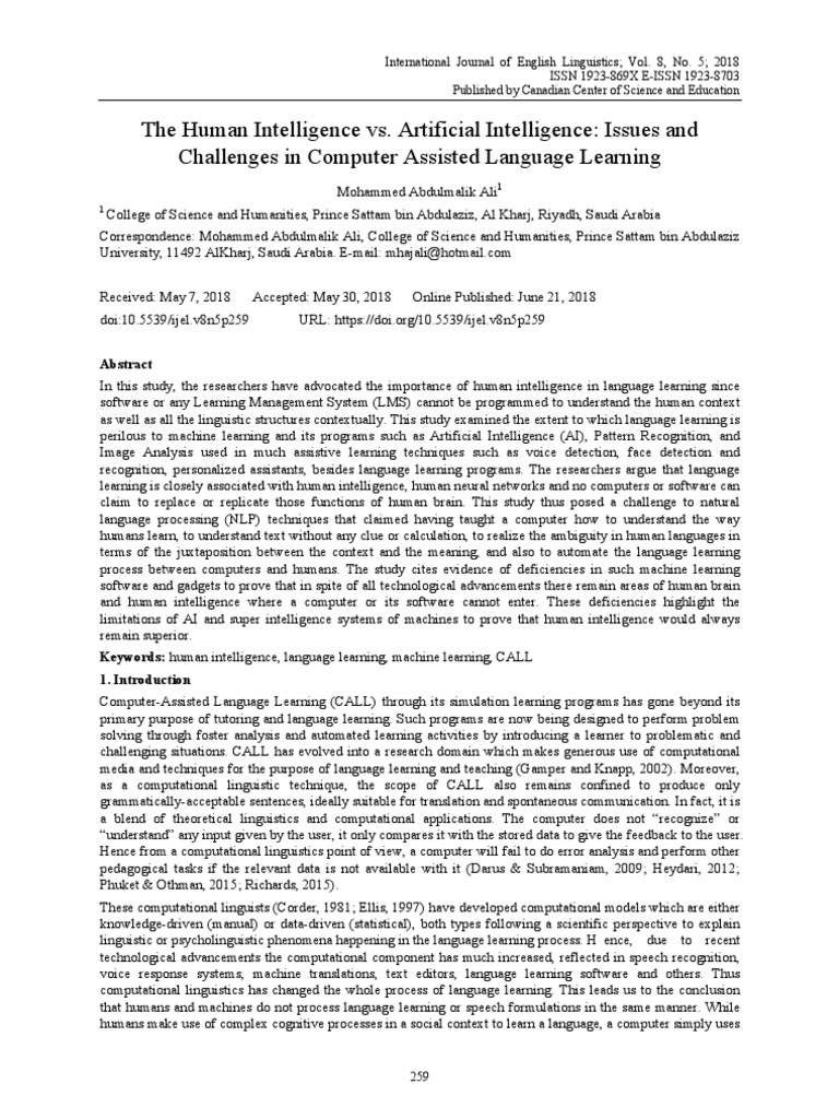The Human Intelligence vs. Artificial Intelligence: Issues and Challenges in Computer Assisted ...