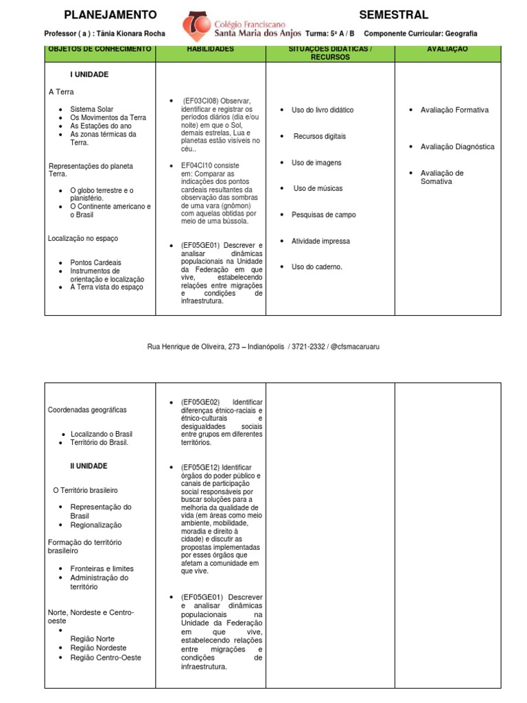 Planejamento Semestral de Geografia 5º Ano | PDF | Terra | Brasil