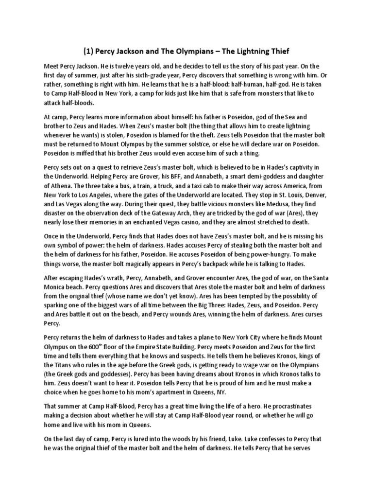 Percy Jackson and The Olympians - The Lightning Thief (Book 1) Summary ...