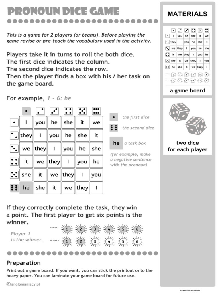 Grammar Games Pronouns Dice I | PDF