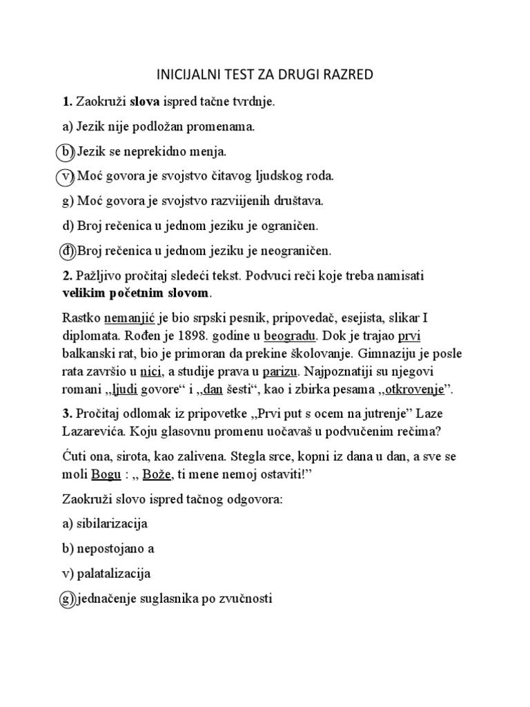 Inicijalni Test Za Drugi Razred | PDF