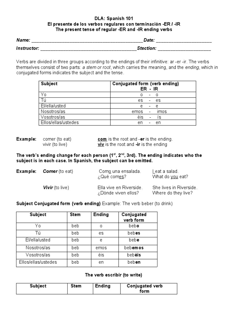 DLA Spanish 101 El Presente de Los Verbos Regulares Terminados en ER ...