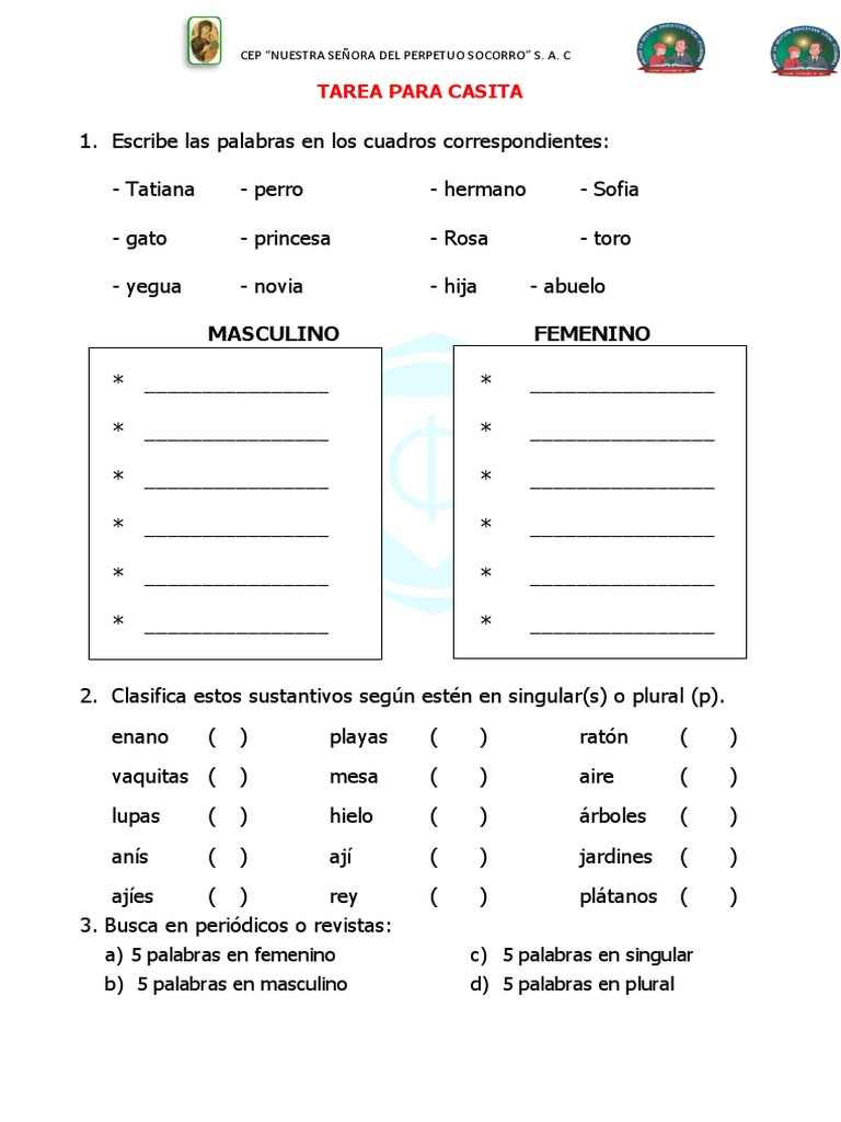 Ficha de Genero y Numero Del Sustantivo para Segundo de Primaria | PDF