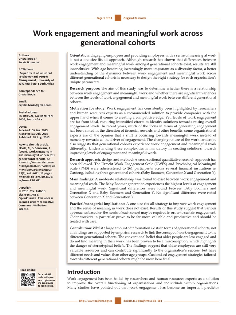 Work Engagement and Meaningful Work Across Generational Cohorts | PDF | Millennials | Analysis ...