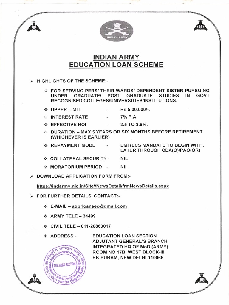 Indian Army Education Loan Scheme | PDF