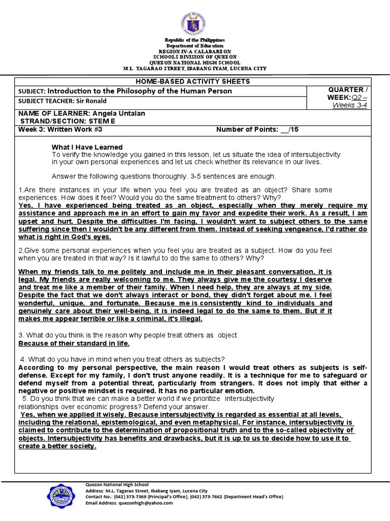 Quezon National High School Home-Based Activity Sheets on Intersubjectivity | PDF