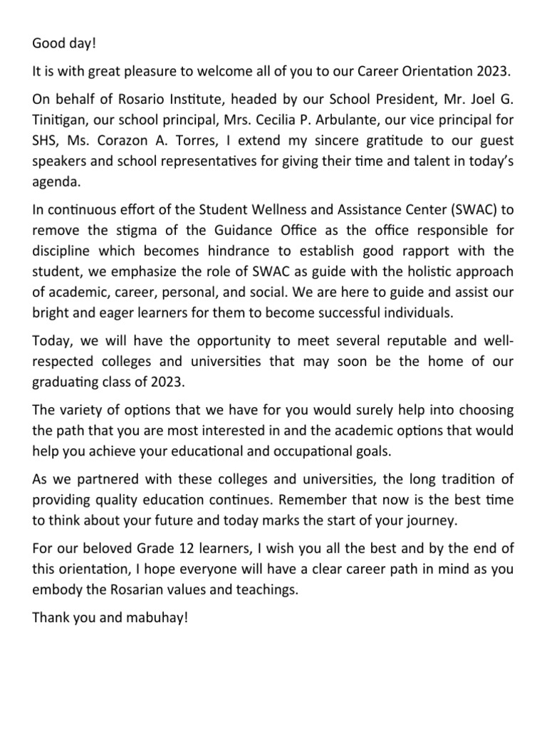 Opening Remarks Sample | PDF