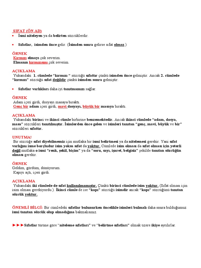 9.sinif Turkce Sozcuk Turleri Sifatlar Ders Notlari Ve Calisma Sorulari | PDF