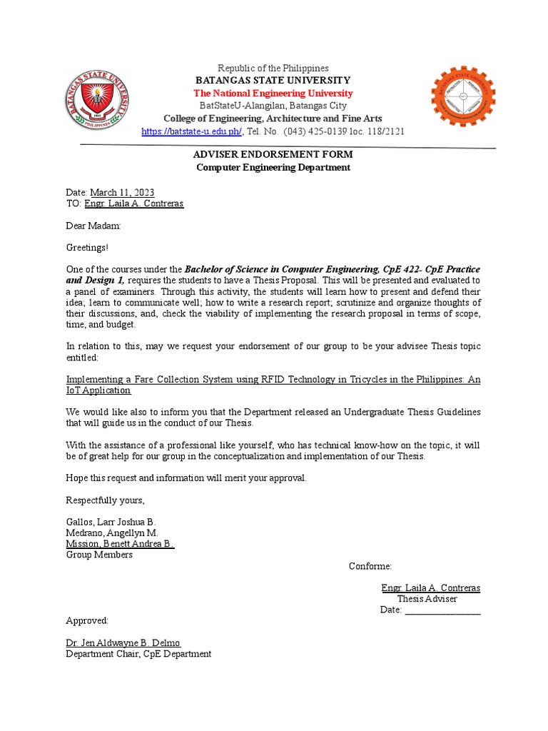 Request for Endorsement of a Thesis Proposal on Implementing a Fare Collection System using RFID ...