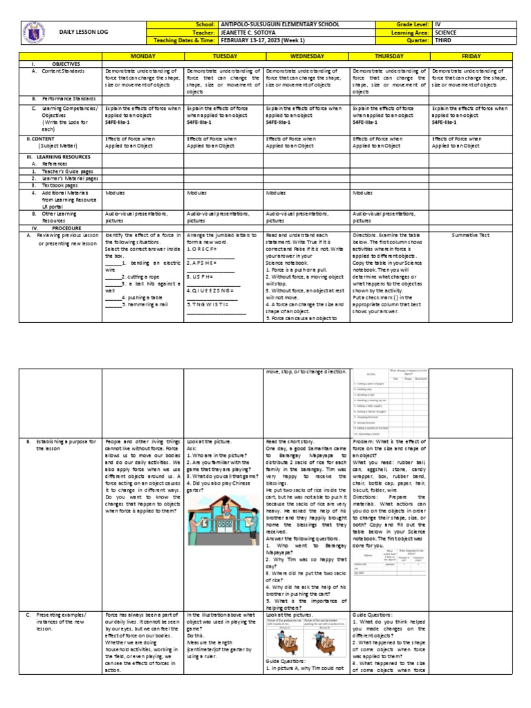 DLL - SCIENCE 4 - Q3 - WEEK 1 Explain The Effects of Force | Download Free PDF | Force | Teachers