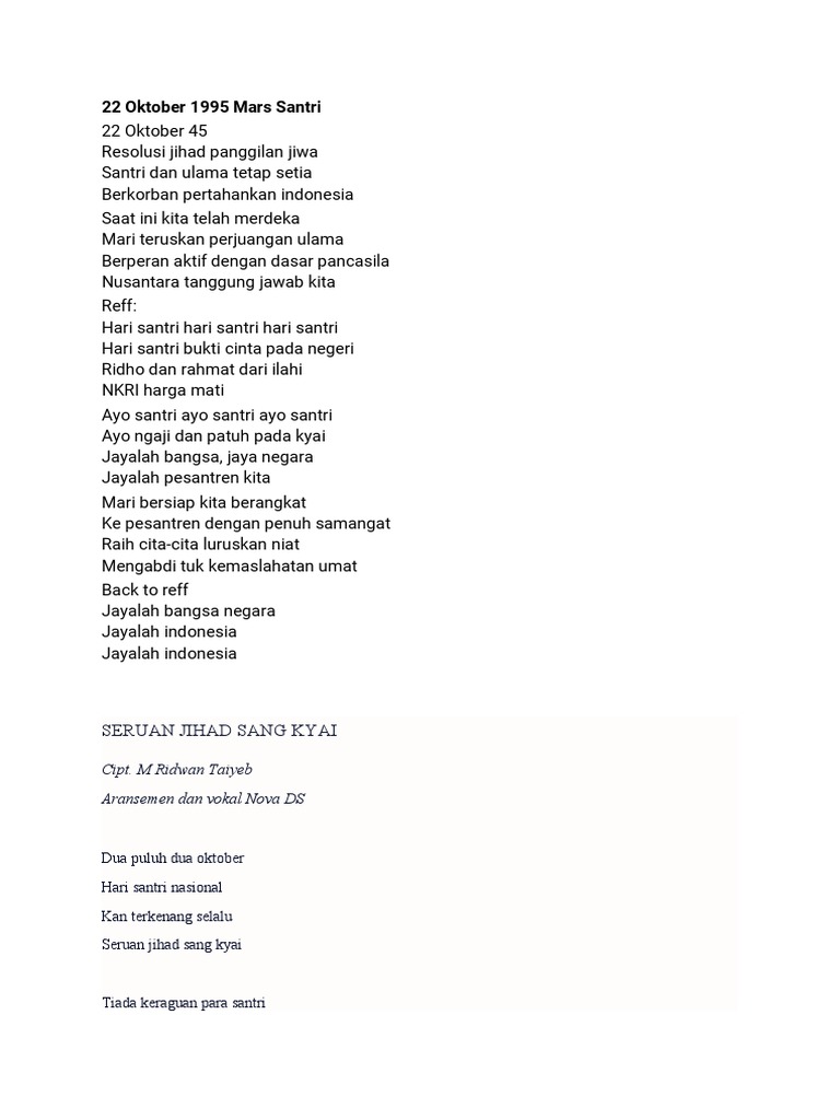 LIRIK Hari Santri 22 Oktober | PDF