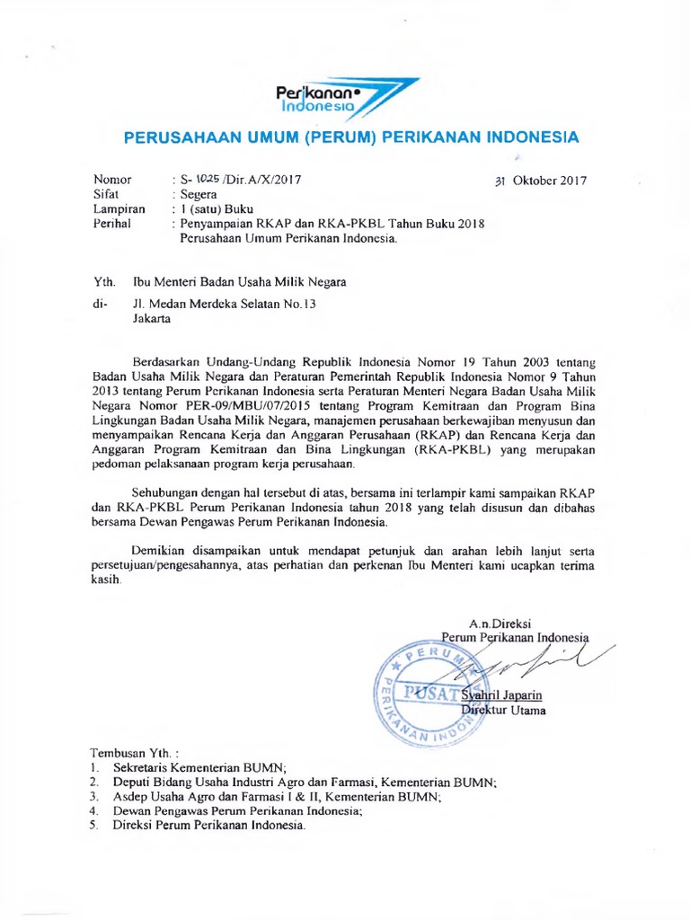 URUT 7. Penyampaian RKAP & RKA-PKBL Tahun Buku 2018 - PERUM PERINDO (Searchable) | PDF