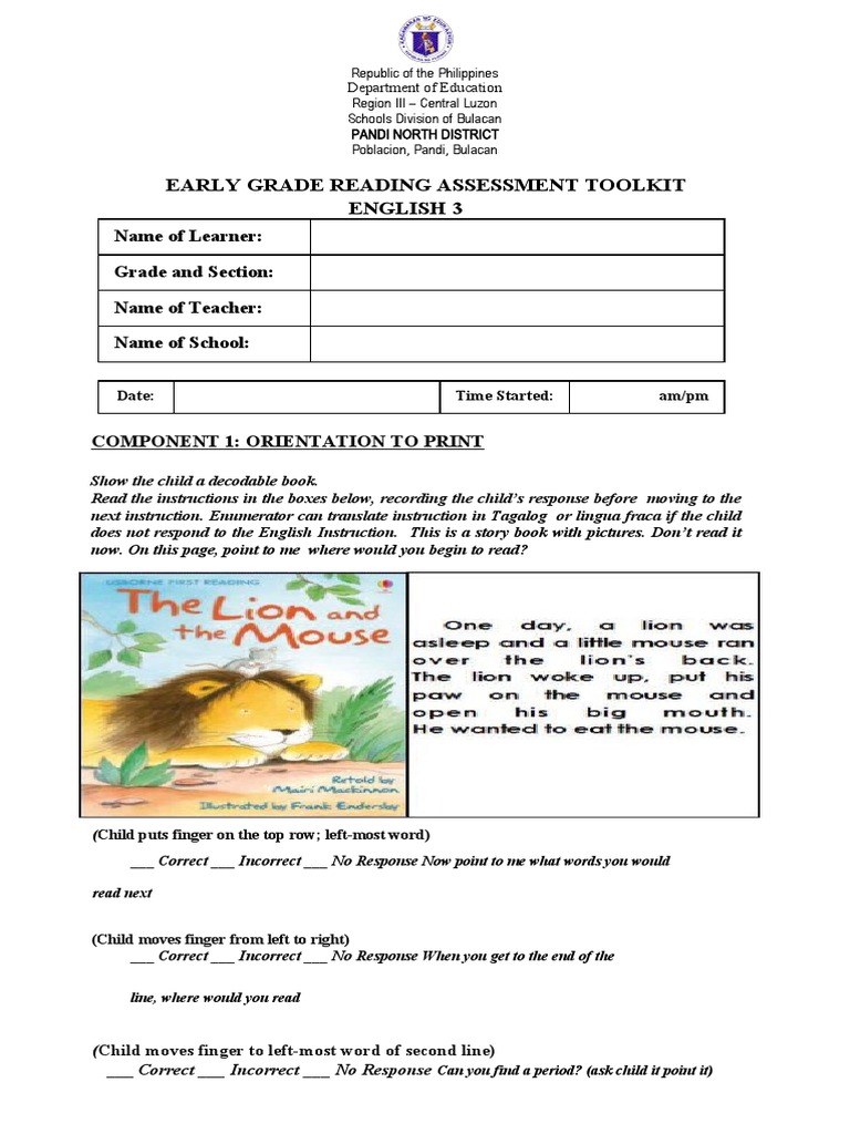 Early Grade Reading Assessment Toolkit English 3: Name of Learner: Grade and Section: Name of ...