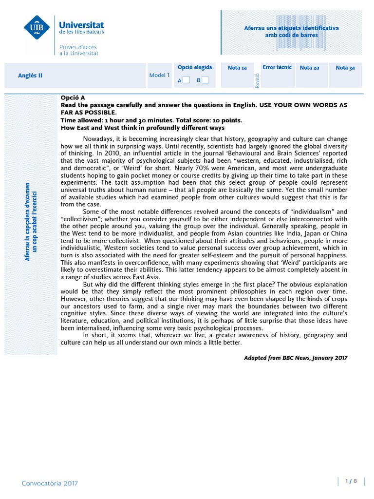 Enunciat ANGLES SET 2017 | PDF | Thought | Psychology