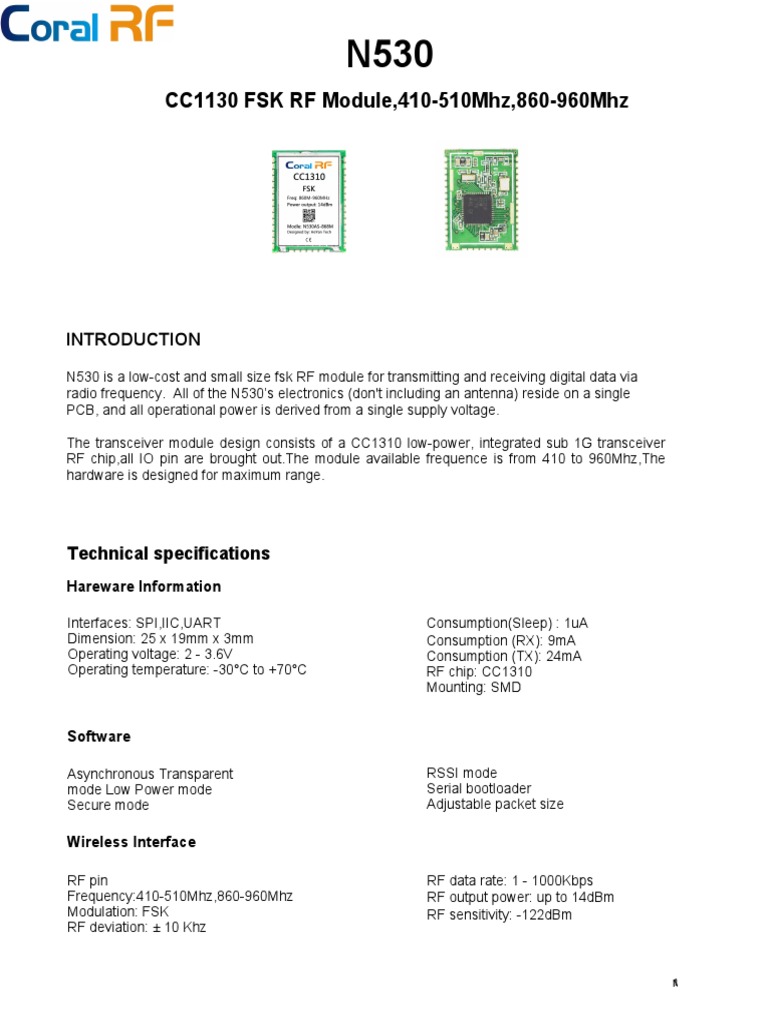 CC1130 FSK RF Module, 410-510Mhz, 860-960Mhz: Technical Specifications ...