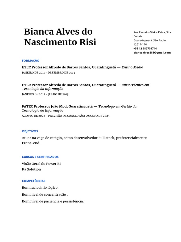 Curriculo Bianca Risi | PDF