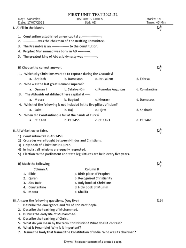 First Unit Test 2021 22 Day Saturday History Civics Marks 25 Date