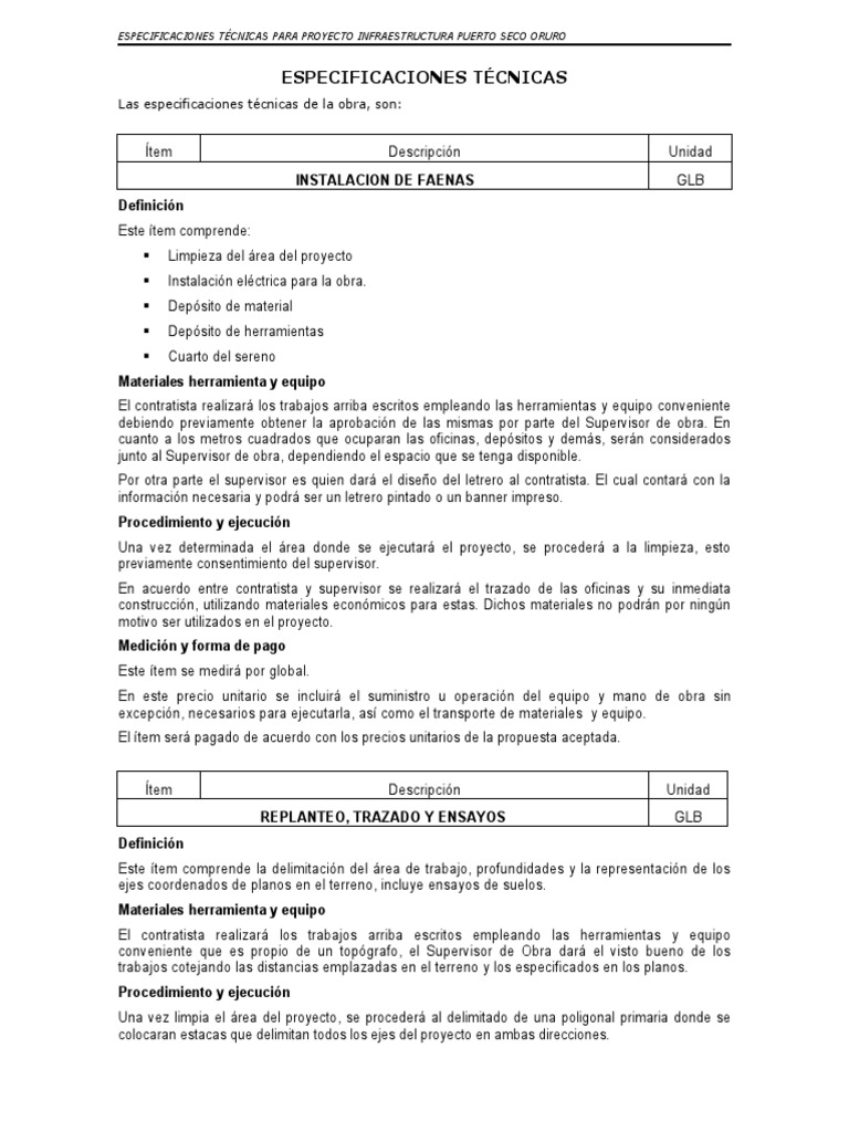 Especificaciones técnicas completas para la construcción de infraestructura en el puerto seco de ...