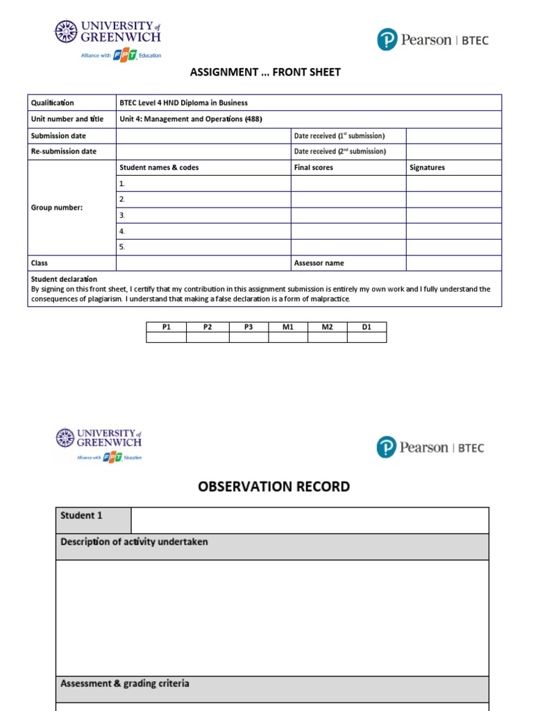 Unit4 - 488 - Assignment 1 Frontsheet (Group) | PDF | Business | Finance & Money Management