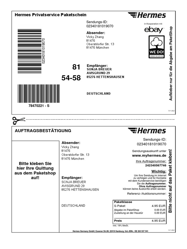 Hermes Privatservice Paketschein: Absender | PDF