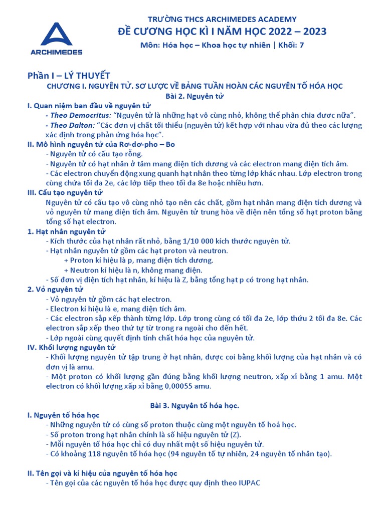 AASS - 2223 - DecuongHKI - Hoa7.Đáp Án | PDF