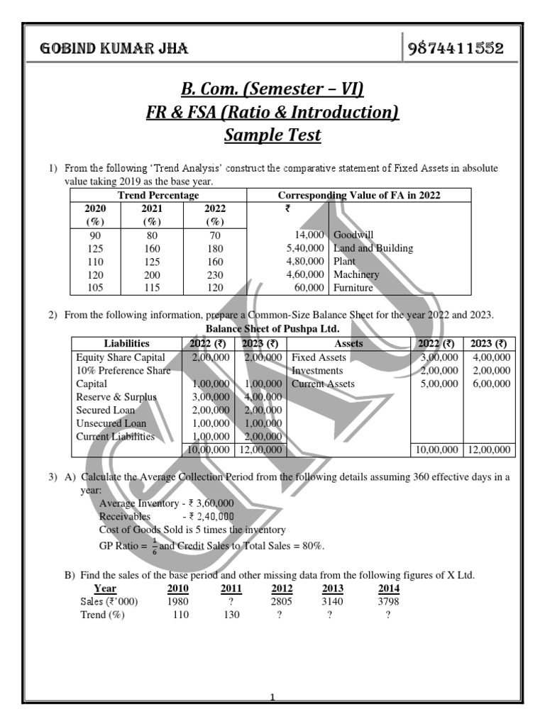 Sem - VI FR 0 FSA (Ratio 0 Intro.) Sample Test | PDF | Balance Sheet ...