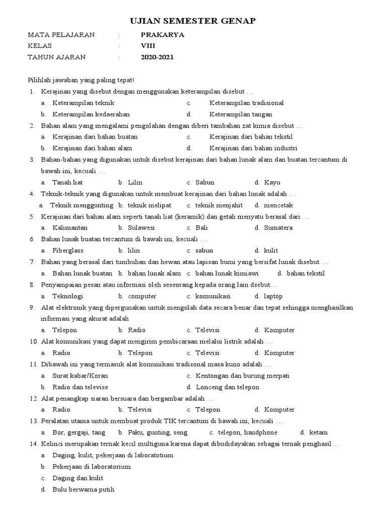 Soal Prakarya Kelas VIII Semester Genap | PDF | Teknologi & Rekayasa