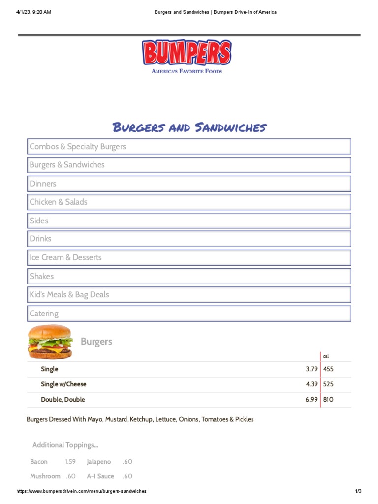 Burgers and Sandwiches - Bumpers Drive-In of America | PDF | Hamburgers ...