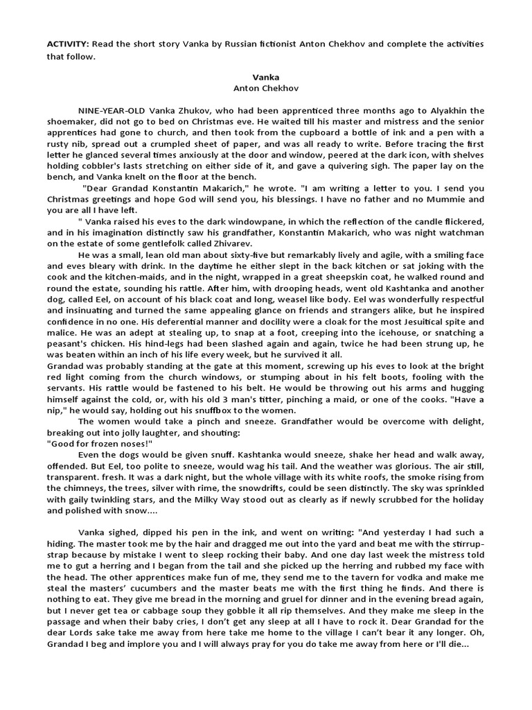 ACTIVITY: Read The Short Story Vanka by Russian Fictionist Anton ...