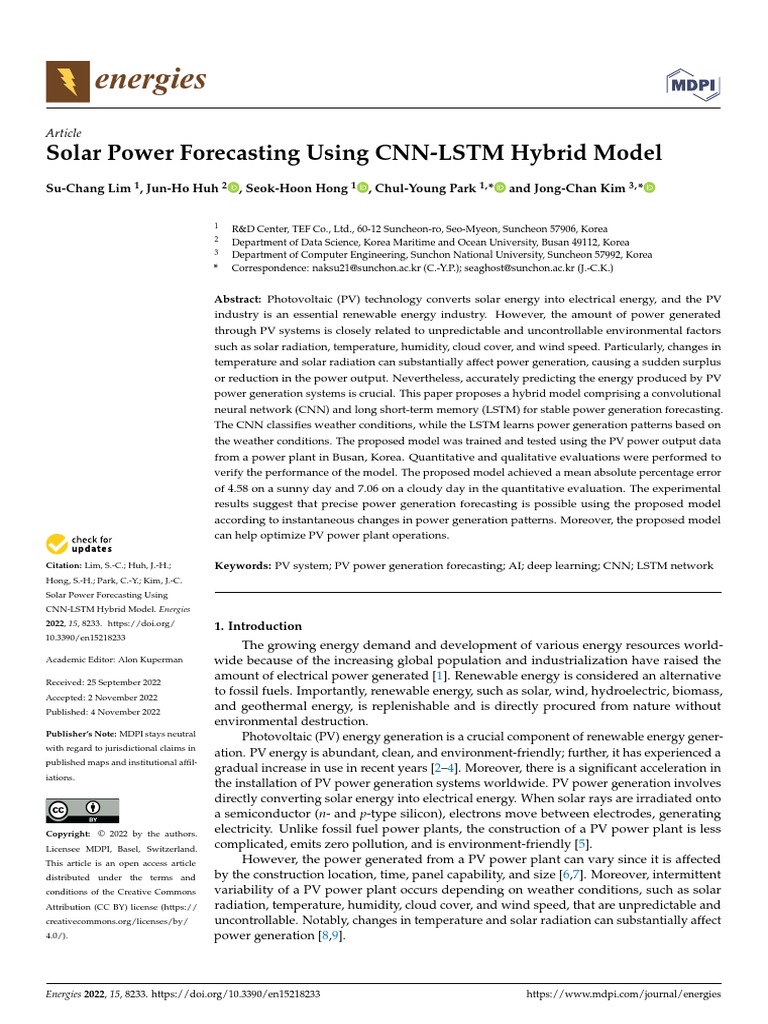 Energies Solar Power Forecasting Using Cnn Lstm Hybrid Model Pdf Photovoltaics Machine