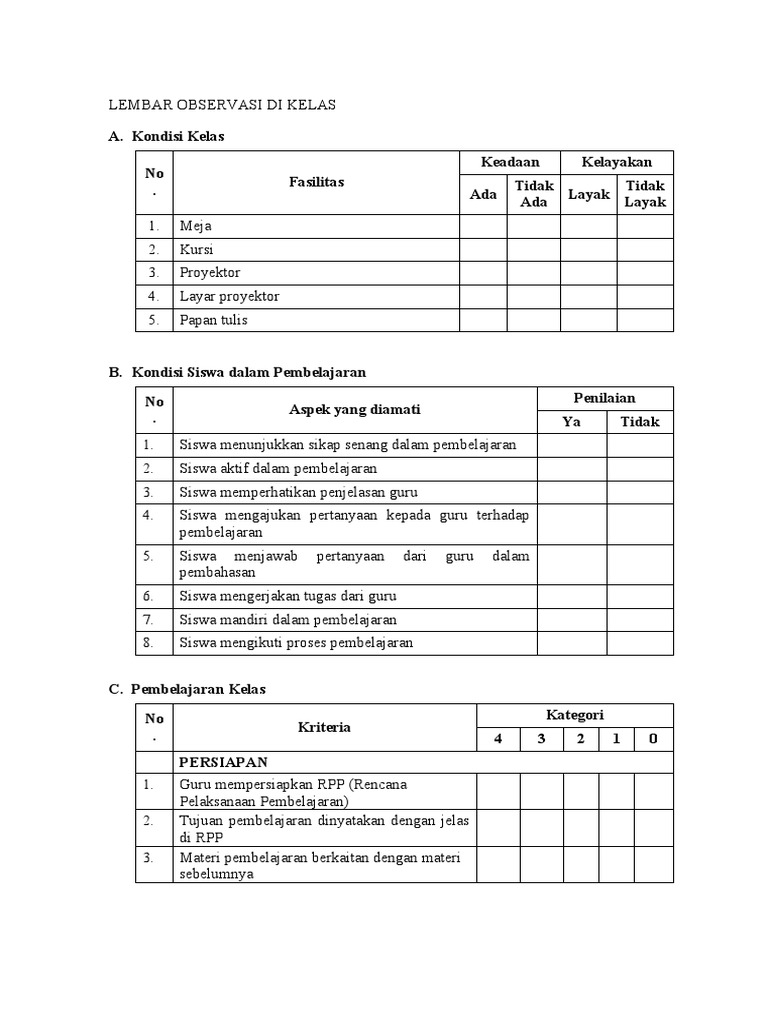 Lembar Observasi Di Kelas | PDF