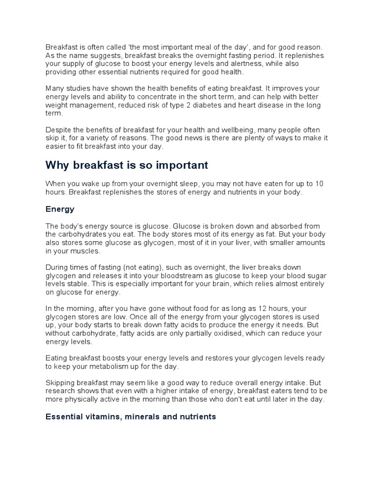 Why Breakfast Is So Important: Energy | PDF | Food Energy | Glycogen