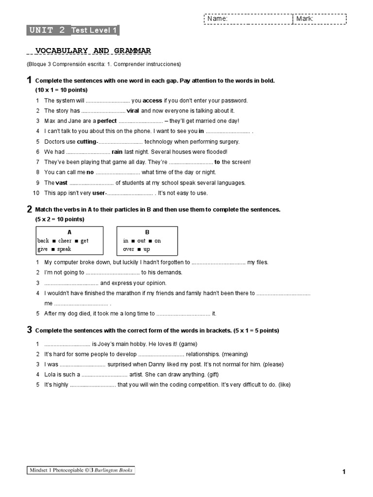 01mindset1 Unit2 Test Vocabulary Grammar | PDF | Syntax | Languages